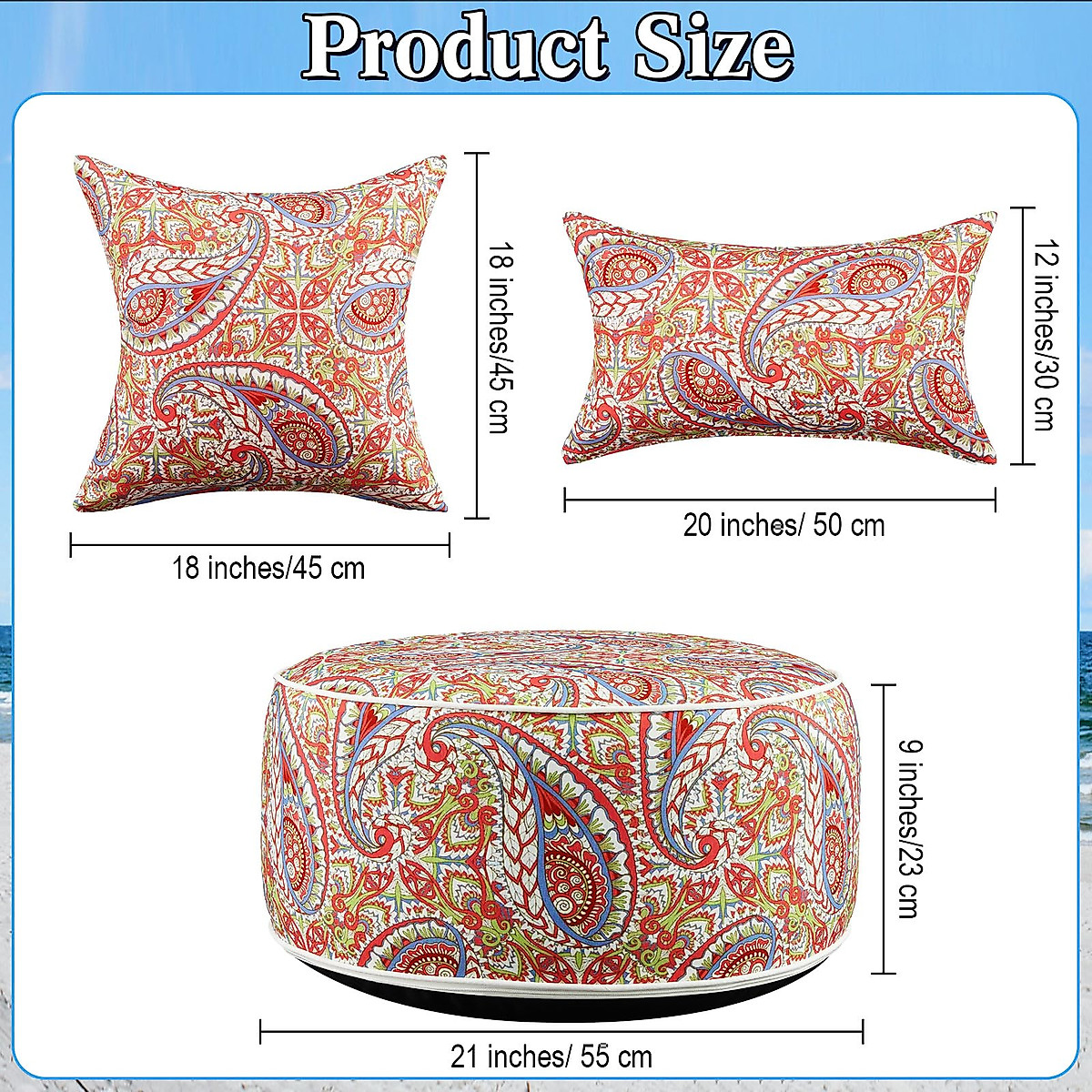 Anglechic 3 Pcs Indoor Outdoor Inflatable Ottoman Inflatable Lumbar Pillow and Toss Pillows, Fade Resistant Round Footrest Stool D21''x H9'', Portable for Patio Garden Camping or Home (Paisley)
