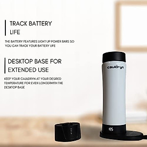 Cauldryn Coffee Temperature Control Travel Coffee Mug and Desktop Warmer, Smartphone via Bluetooth Control, Long Lasting Battery Powered Heated Portable Smart Mug, Stainless Steel, 16 oz, White