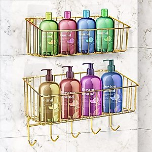 Paddsun 2 Pack Adhesive Shower Caddy Basket Shelf, Stainless Steel Gold Bathroom Tub Organizer with 5 Hooks, No Drilling Wall Mounted Organizer Shelves for Bathroom Kitchen Toilet Bedroom