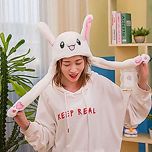 CNHNGTS Funny Plush Bunny Moving/Jumping Rabbit Cute Unisex Animal Ear Flap Hat with Paws for Women Girls, White, One Size