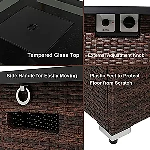 COSIEST 5-Piece Faux Brown Propane Fire Pit Outdoor Furniture Brown Chairs w Thick Cushion, 36-inch Square Fire Table (40,000 BTU), Glass Wind Guard, Internal Tank Storage for Garden, Backyard