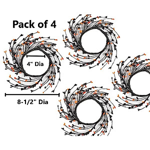 Artificial Black and Orange Pip Berry Candle Rings – Pack of 4 Halloween Berry Farmhouse Home Decor for Centerpiece Decorations and Small Wreaths (Size: 8-1/2" diam)