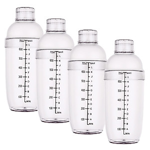 Cedilis 4 Pack Plastic Shaker Cocktail, 700cc / 24 oz Bar Tool for Milk Wine Mixing, Hand Drink Mixer with Scales, Clear Boba Tea Shaker Cup