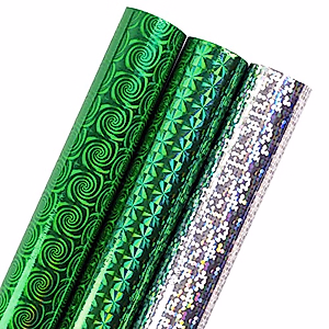 LeZakaa Holographic Wrapping Paper Roll - Mini Roll - Green/Dark Green/Silver Colors for St. Patrick Day, Christmas, Birthday, Holiday - 17 x 120 inches - 3 Rolls (42.5 sq.ft.ttl.)