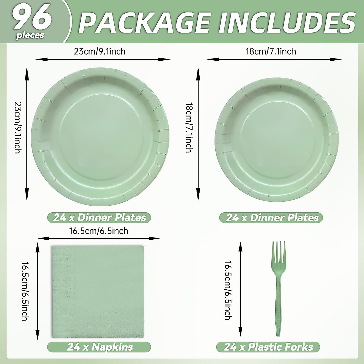 96 Pieces Sage Green Tableware Party Supplies - Elegant Light Green Disposable Dinnerware Set with Paper Plates, Napkins, and Forks for Birthdays, Weddings, Bridal Showers, Baby Showers - Serves 24