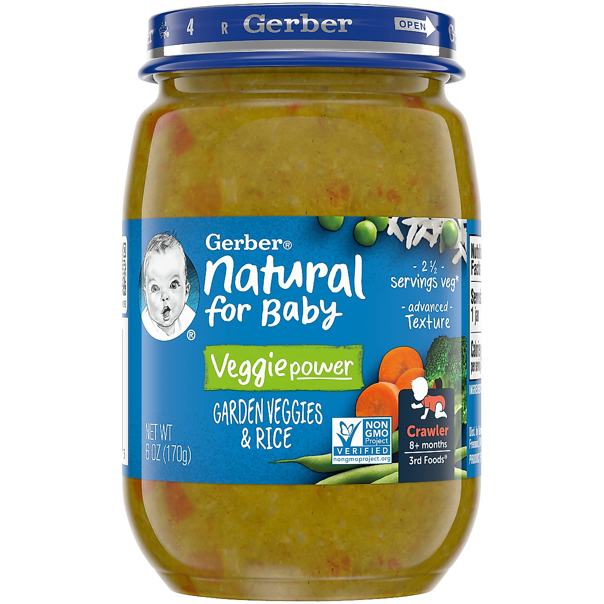 Gerber Natural for Baby 3rd Foods Veggie Power Baby Food Jar, Garden Veggies & Rice, Non GMO Pureed Baby Food with Advanced Texture for Crawlers, 6 oz (Pack of 12)