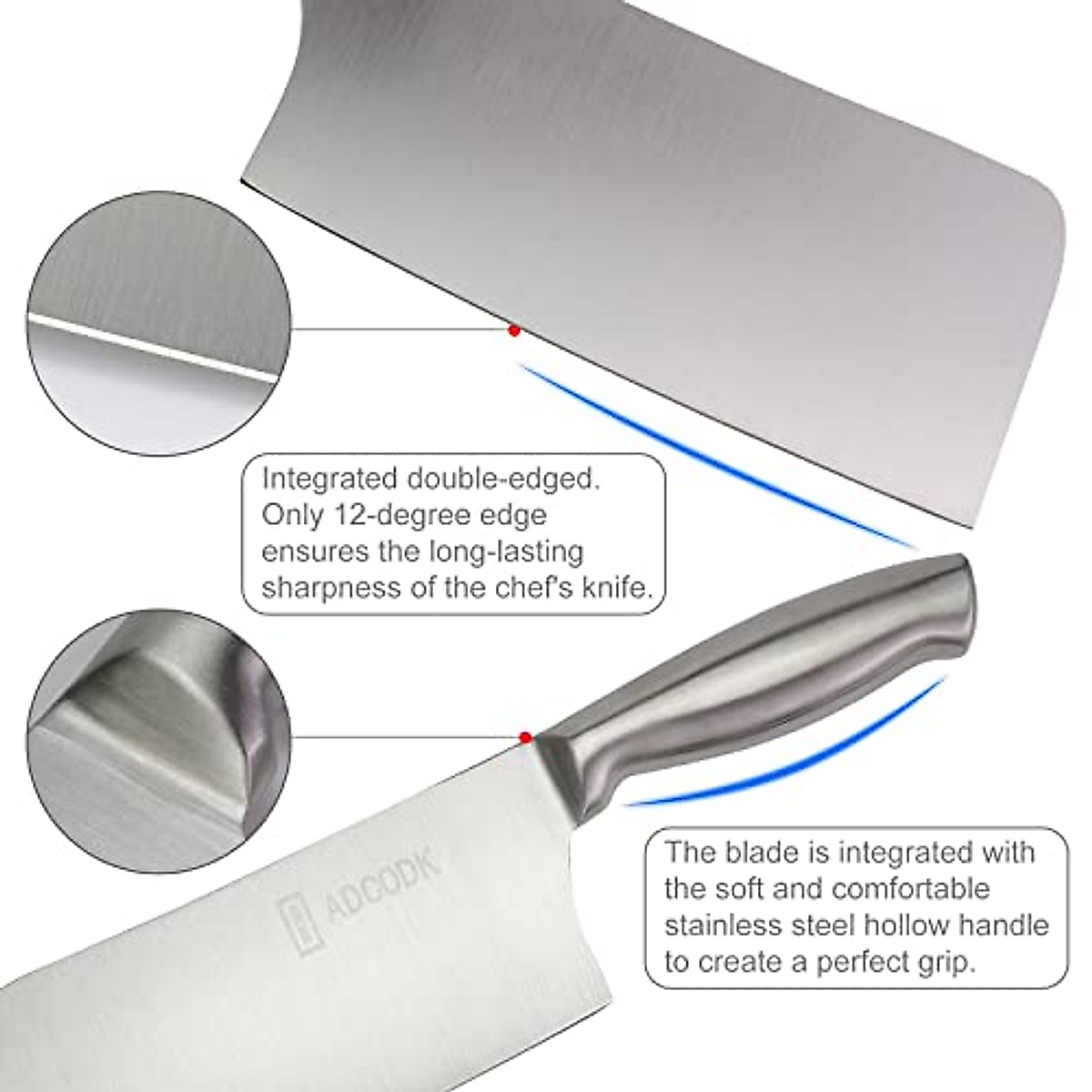 ADCODK Cleaver Knife-Chinese Chef Sharp Knife Butcher Vegetable Meat Cutting Slicing Asian Kitchen Knife Stainless Steel Hollow Handle