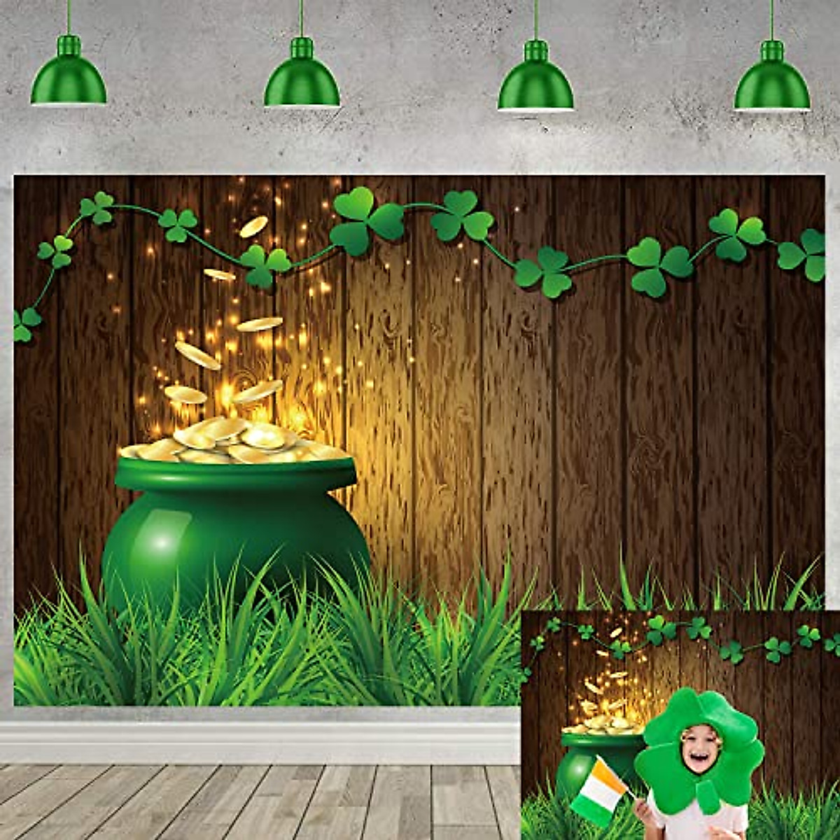 St.Patricks Day Backdrop Green Shamrock Gold Pot Lucky Irish Wooden Wall Photography Background Kids Adult Party Decoration Photo Booth Studio Props 7x5FT
