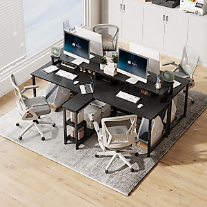 Mexin Home Office Desk-83.7 Inch 2 Person Desk with Storage Shelves and Power Outlets, Double Desk with Monitor Stand, Computer Gaming Desk, Large Work Desk, Black