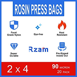 Rzam 37 Micron Rosin Press Bags | 2" x 4" | 20 Pack | Food Grade Nylon | Dye-free | Heat Resistant & Super Durable | Pre-flipped Rosin Bags | Micron Bags for Rosin Press