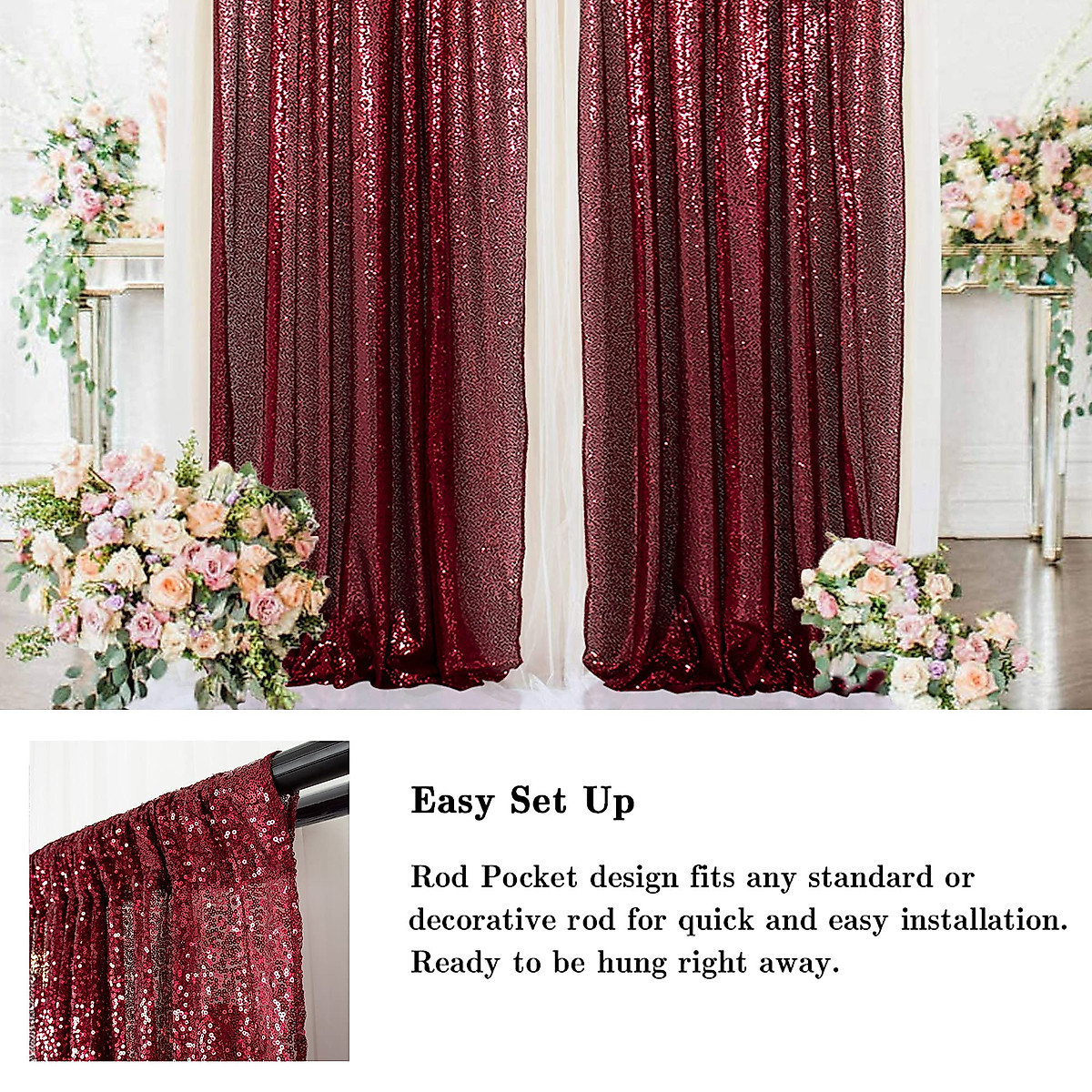 AMZLOKAE Sequin Curtains 2 Panels 2FTx8FT Burgundy Sequin Curtain Backdrop Sequin Window Curtains Photography Backdrop Glitter Shower Curtains Party Backdrop Wine Sparkle Backdrop Christmas Decor