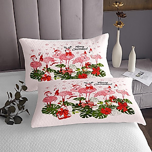 Merry Christmas Quilt Bedding Set Queen Size,Pink Flamingo Cartoon Bird Animal Bedspread Coverlet for Girls Teens,Winter Snowflake Green Leaves Soft Polyester Quilt Set, All Season