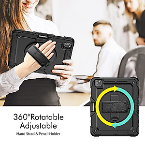 Whmeolyo iPad Pro 12.9 Case 2022 6th Gen/2021 5th Gen/2020 4th Gen/2018 3rd Gen, Shockproof Rugged 12.9 inch iPad Pro Case with Screen Protector Pencil Holder,Kickstand Hand & Shoulder Strap,Black