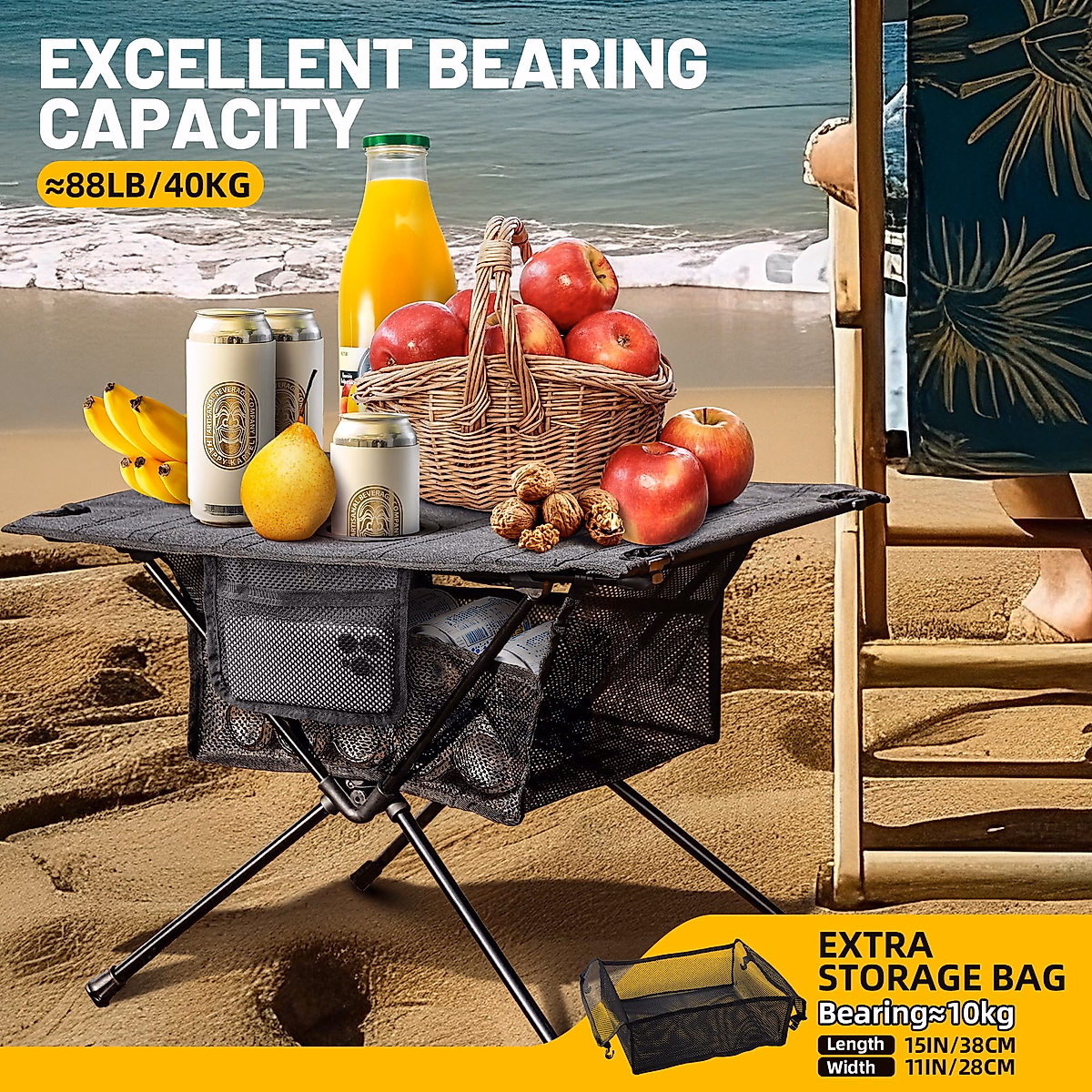 ZUNE LOTOO Portable Camping Table Folding, Small Beach Table Foldable with Drink Holder & Mesh Storage & Carry Bag Compact Camp Tent Side Table for Picnic Tailgate Travel Outdoor Fishing Backpacking