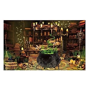 Funnytree Halloween Magic Photography Backdrop Witch's Kitchen Themed Spooky Retro Party Background Mid Century Vintage Decorations Portrait Banner Photo Booth Studio Props