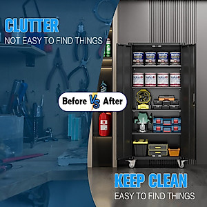 Aobabo 72 Inches Metal Garage Storage Cabinet with Wheels, Locking Metal Storage Cabinet with 4Shelves, Rolling Tool Storage Cabinet on Wheels, Assembly Required,Black