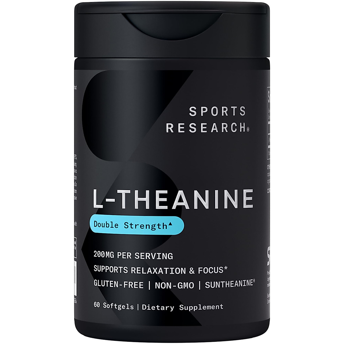 Sports Research Double Strength L-Theanine Supplement - Suntheanine Softgels for Focus, Relaxation & Alertness - Non-Drowsy Support Made with Coconut Oil, Non-GMO & Gluten Free - 200mg, 60 Count