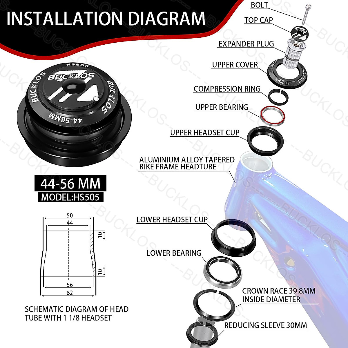 BUCKLOS 1-1/8 Bike Headset MTB Threadless 34 44 44-50.6 44-55 44-56 41.8-52mm, Straight Tapered Tube Mountain Bikes Road Bicycle Double Sealed Bearings Headsets, for Frame Fork Expander Plug Star Nut