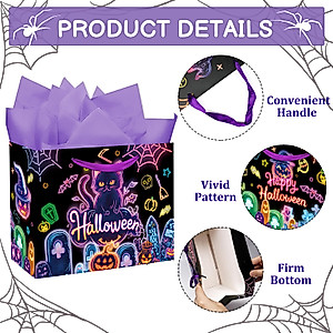 duludulu Purple 13" Large Halloween Bags Cat Pumpkins Halloween Bag with Card and Purple Tissue Paper for Kids Adults Halloween Party Birthday Bag Supplies