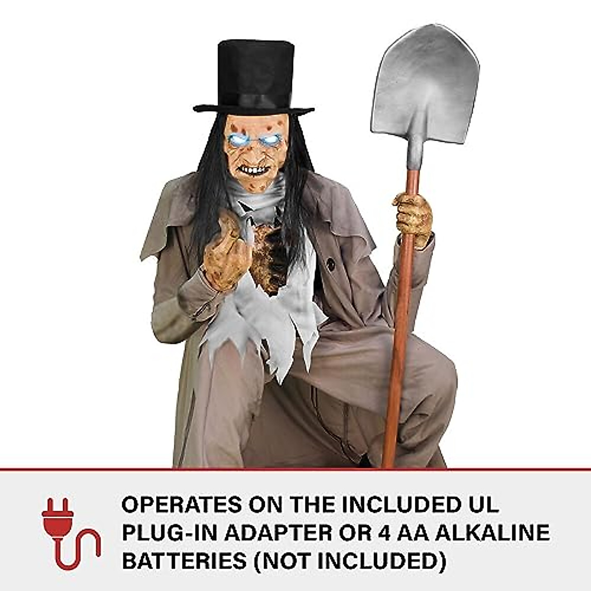 Haunted Hill Farm Motion-Activated Crouching Grave Digger by Tekky, Talking Scare Prop Animatronic for Indoor or Covered Outdoor Creepy Halloween Decoration, Plug-in or Battery Operated