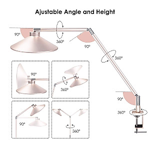Wellwerks Swing Arm Desk Lamp, 12W Eye-Caring LED Desk Lamp with Clamp, Dimmable Desk Light with Timer and Memory Function, 3 Color Modes, Modern Architect Table Lamp for Task Study (Pink)
