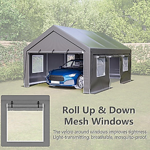 MACHOME Outdoor 13x20 FT Carport, Heavy Duty Canopy Storage Shed with Mesh Windows and Galvanized Steel Tube, All-Season Tarp, Wide Range of Appliaction for Car, Boat and Reunion, Gray