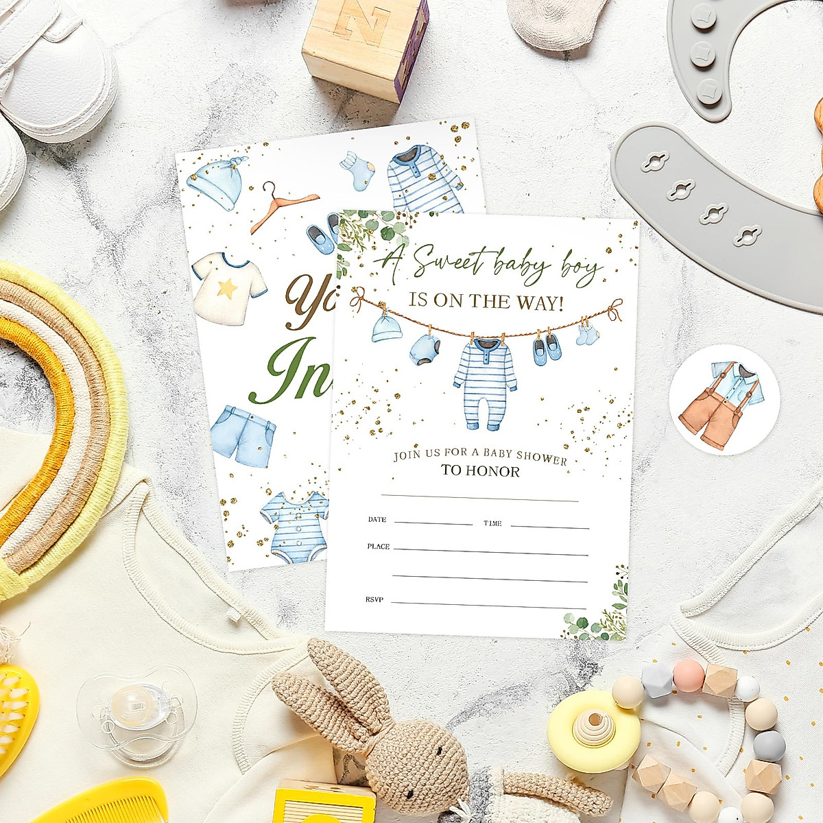 Whaline 25 Sets Boy Baby Clothes Baby Shower Party Invitations with Envelopes Stickers Blue Cute Party Invitation Paper Cards Fill-In Invites for Birthday Gender Reveal Party Supplies, 5 x 7 Inch