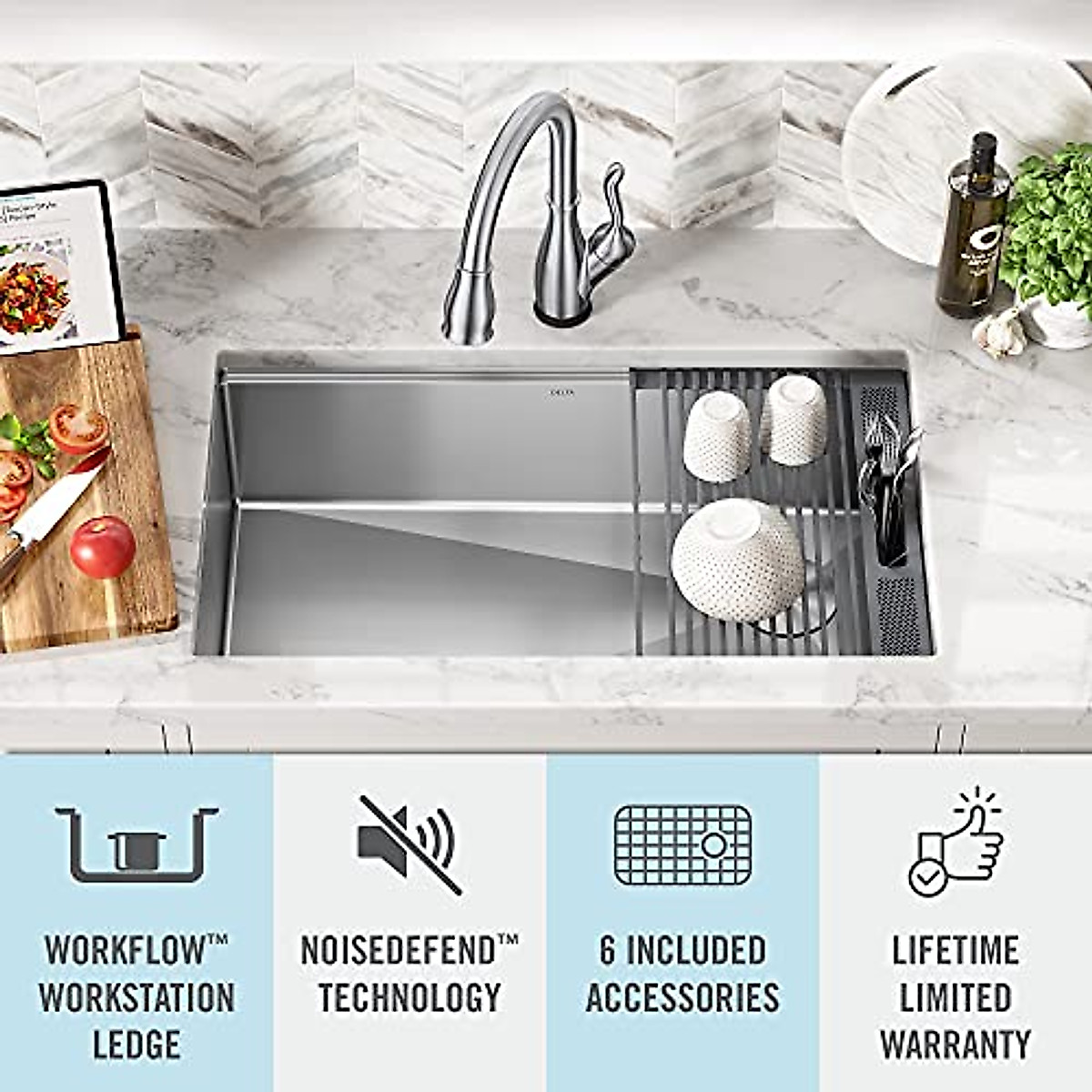 DELTA 95B932-32S-SS Lorelai Workstation Kitchen Sink Undermount Stainless Steel Single Bowl with WorkFlow Ledge and Chef’s Kit of 6 Accessories