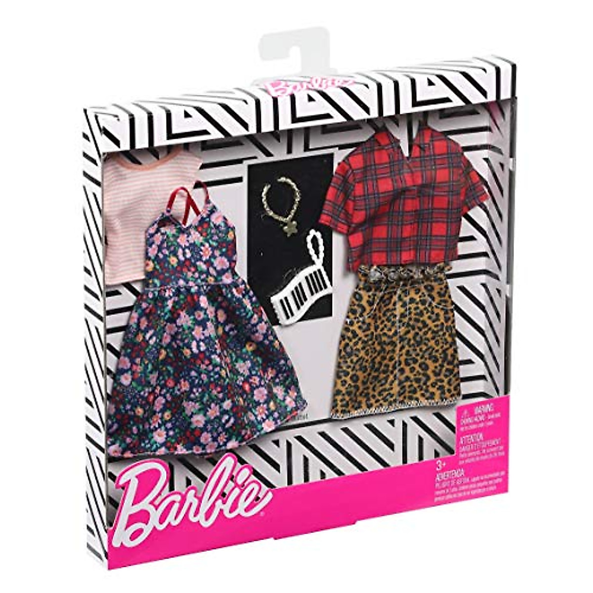 Barbie Clothes: 2 Outfits Doll Include A Floral Dress, Striped T-Shirt, Animal-Print Skirt, Plaid Top, Piano Key Purse and Necklace, Gift for 3 to 8 Year Olds​