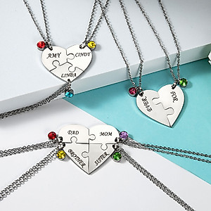 Fanery Sue Personalized Puzzle Pieces Heart Shape Necklace/Kaychain for Best Friends Family Custom Name/Date with Birthstone