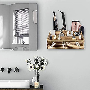 Rustic Hair Tool Organizer for Countertop, Wooden Hair Dryer and Styling Holder, Bathroom Countertop Blow Dryer Organizer, Wall Mounted Vanity Storage Stand for Accessories, Makeup, Toiletries