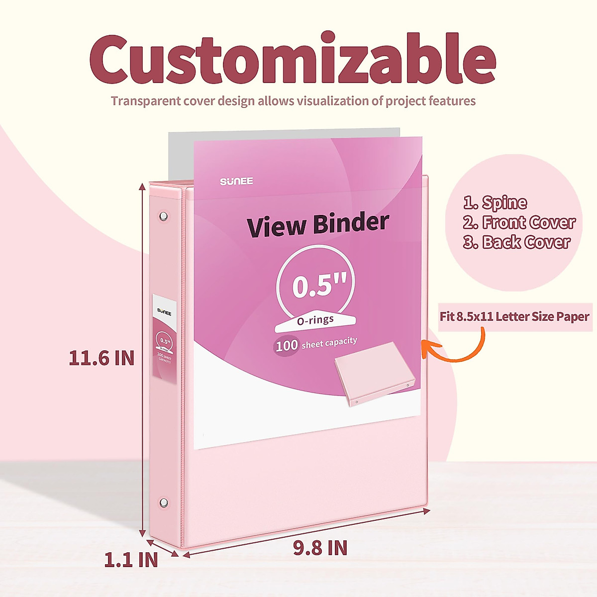 SUNEE 1/2 Inch Binders 3 Ring 4 Pack, Clear View Binder Three Ring PVC-Free (Fit 8.5x11 Inches) for School or Office Supplies, Assorted Pastel Binder