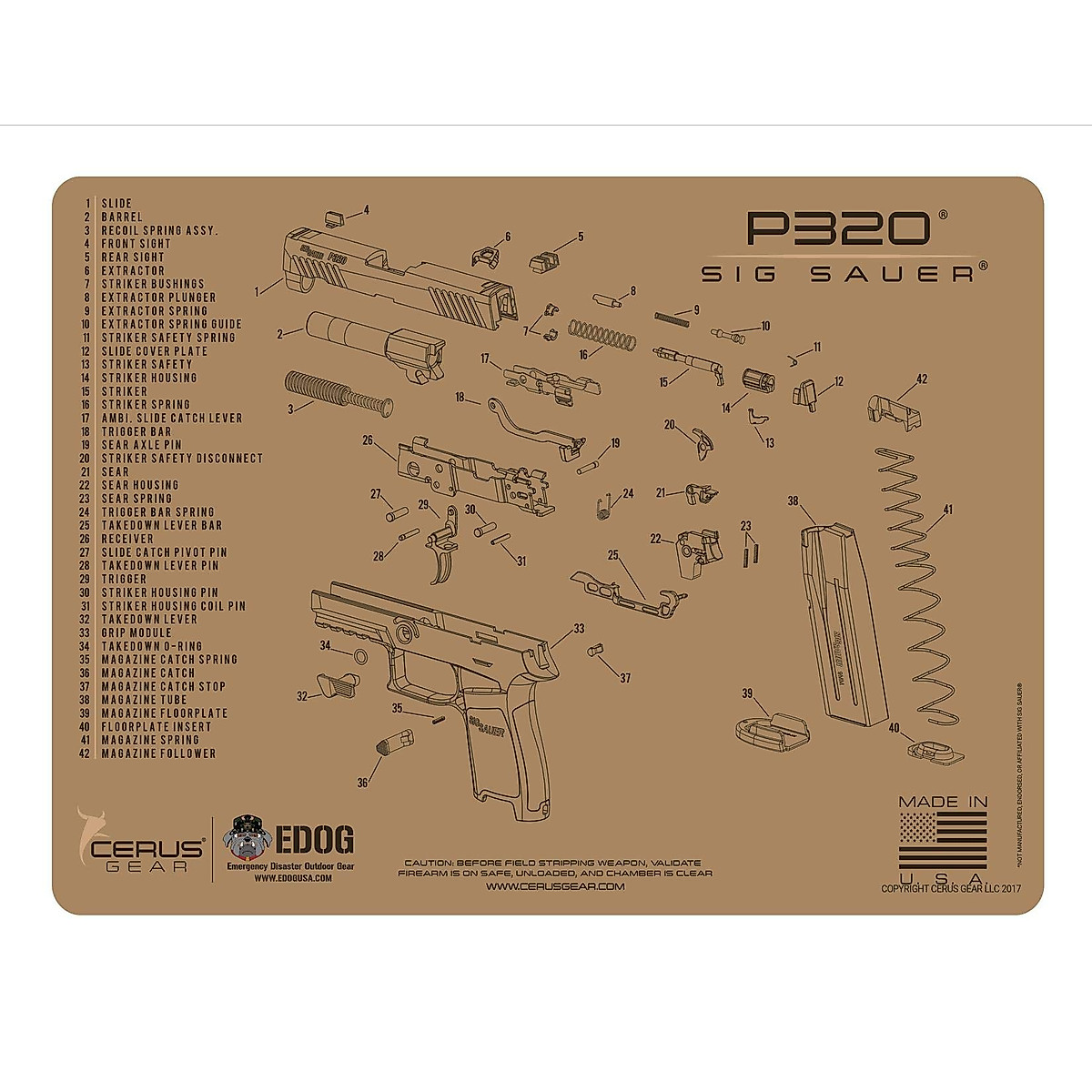 EDOG Range Warrior 27 Pc Gun Cleaning Kit - Compatible with Sig Sauer P320 Tan - Schematic (Exploded View) Mat, Range Warrior Universal .22 9mm - .45 Kit & Tac Book Accessories Set