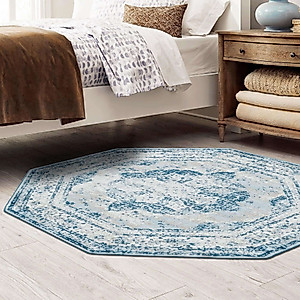 Rugs.com Monte Carlo Collection Rug – 4' Octagon Blue Medium Rug Perfect for Living Rooms, Kitchens, Entryways