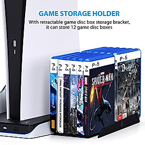 PS5 Controller Charging Station for Playstation 5 Console,PS5 Cooling Station for PS5 Digital & Disc Editions Consoles,PS5 Charging Station Vertical Stand with 12 Game Slots -HONCAM