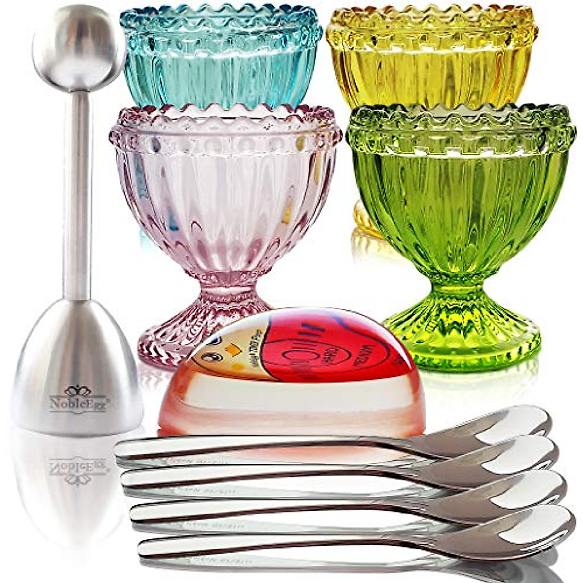 NobleEgg Antique Style Egg Cups for Soft Boiled Eggs | Set of 4 | Egg Timer Pro | 18/10 Egg Spoons | Egg Topper | Premium Gift/Storage Box