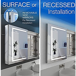 KRISTALLUM Bathroom Mirror Cabinet - 48x32 Surface or Recessed LED Medicine Cabinet with Lights w/Wireless Switch + Anti Fog/Waterproof/Dimmable/ 3 Colors Warm/Natural/White CRI >90, ETL Certified