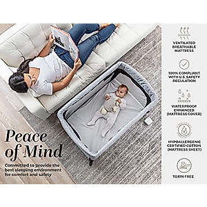 Lumiere，All-in-One Lightweight Travel Crib and Bassinet for Baby and Toddler，Portable Play Yard for Baby for Better, Safer Sleeping，w/Ventilated Mattress，Oeko-TEX Waterproof Cover & 1 Fitted Sheet