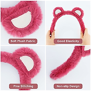 WHAVEL 2 Pcs Plush Animal Ears Headband, Cute Bear Costume Face Wash Hair Accessories for Adult Women Kids (Pink, Rose)