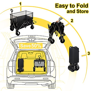 Foldable Wagon Cart with Wheels, Collapsible Foldable Extended Wagon with 500lbs Weight Capacity, 600L Heavy Duty Folding Utility Garden Cart, Big All-Terrain Beach Wheels and 4 Side Pockets