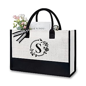 TOPDesign Initial Jute/Canvas Tote Bag, Personalized Present Bag, Suitable for Wedding, Birthday, Beach, Holiday, is a Great Gift for Women, Mom, Teachers, Friends, Bridesmaids (Letter S)