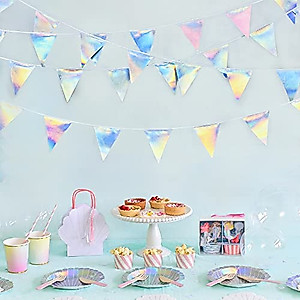 33Ft Iridescent Party Decoration Holographic Fabric Triangle Pennant Banner Flag Cotton Bunting Garland for Birthday Wedding Bridal Shower Bachelorette Engagement Disco Euphoria Galaxy Party Supplies