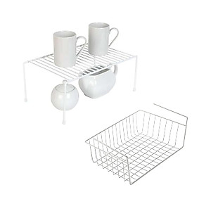 Smart Design Cabinet Storage Shelf Rack and Undershelf Storage Basket Bundle – Medium Shelf Rack (8.5 x 13.25 Inch) and Medium Storage Basket (16 x 5.5 Inch) – Steel Metal Wire – White