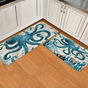 Livencher Kitchen Floor Rug Set 2 Piece Non-Slip Bath Mat Doormat Area Rug Floor Mat for Indoor Home Hotel Office Use, Sea Theme Blue Octopus Coastal Navigation Map 15.7x23.6in+15.7x47.2in