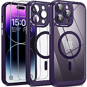 Oneagle Magnetic for iPhone 14 Pro Max Case Clear, [Compatible with Magsafe][30X Anti-Yellow][Built-in Lens Protector][Metal Lens Frame],14 Pro Max Phone Case with 2 Screen Protectors(Deep Purple)