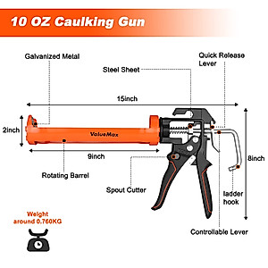 ValueMax Caulk Gun, 9 Inch Silicone Sealant Caulk Gun for Caulking/Filling/Sealing, Trigger Comfort Grip and Iron Smooth Rod, Ideal for Tiles, Window Joints, 8:1 Thrust Ratio