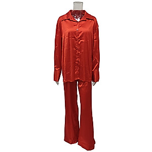 Satin Two Piece Outfits for Women - Silk Long Sleeve Button Down Wide Leg Loungewear Pajama Set Fashion Streetwear Coffee