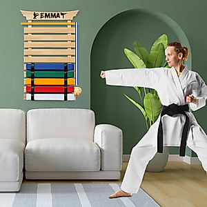 Quasar-Una Belt Holder Customizable Karate Belt Display Rack | Elevate Your Martial Arts Legacy with Premium Wood Shelf | Flaunt 10 Belts in Style with ultime Stickers Customization.