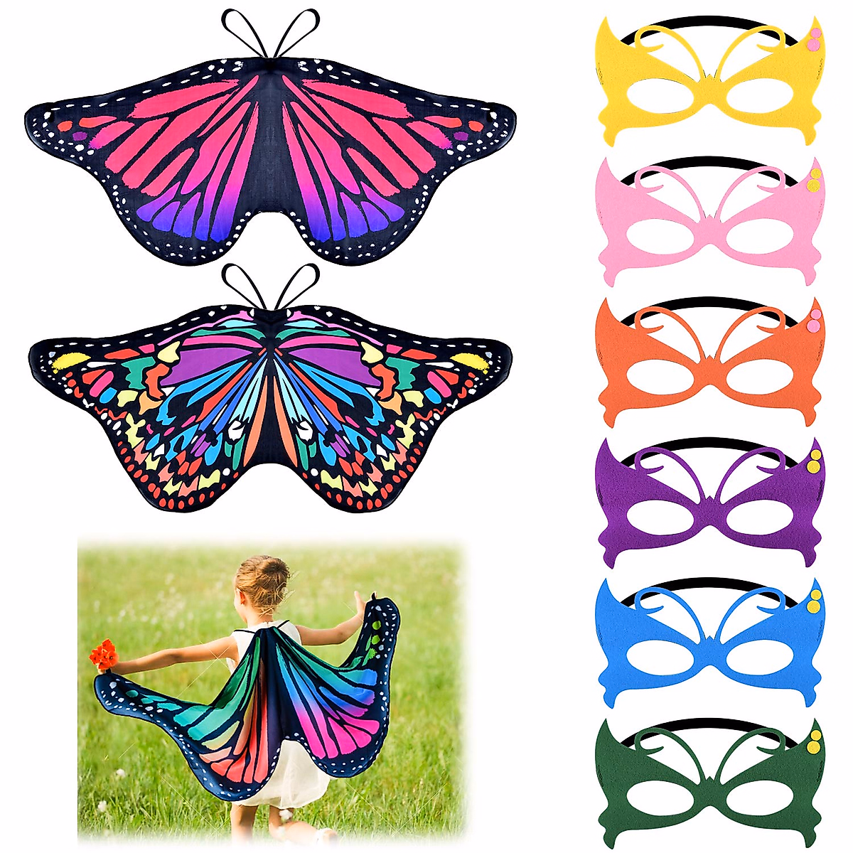 9 Pieces Kids Butterfly Costume Fairy Butterfly Wings Masquerade Masks Halloween Girls Dress Up Pretend Play (Classic Series)