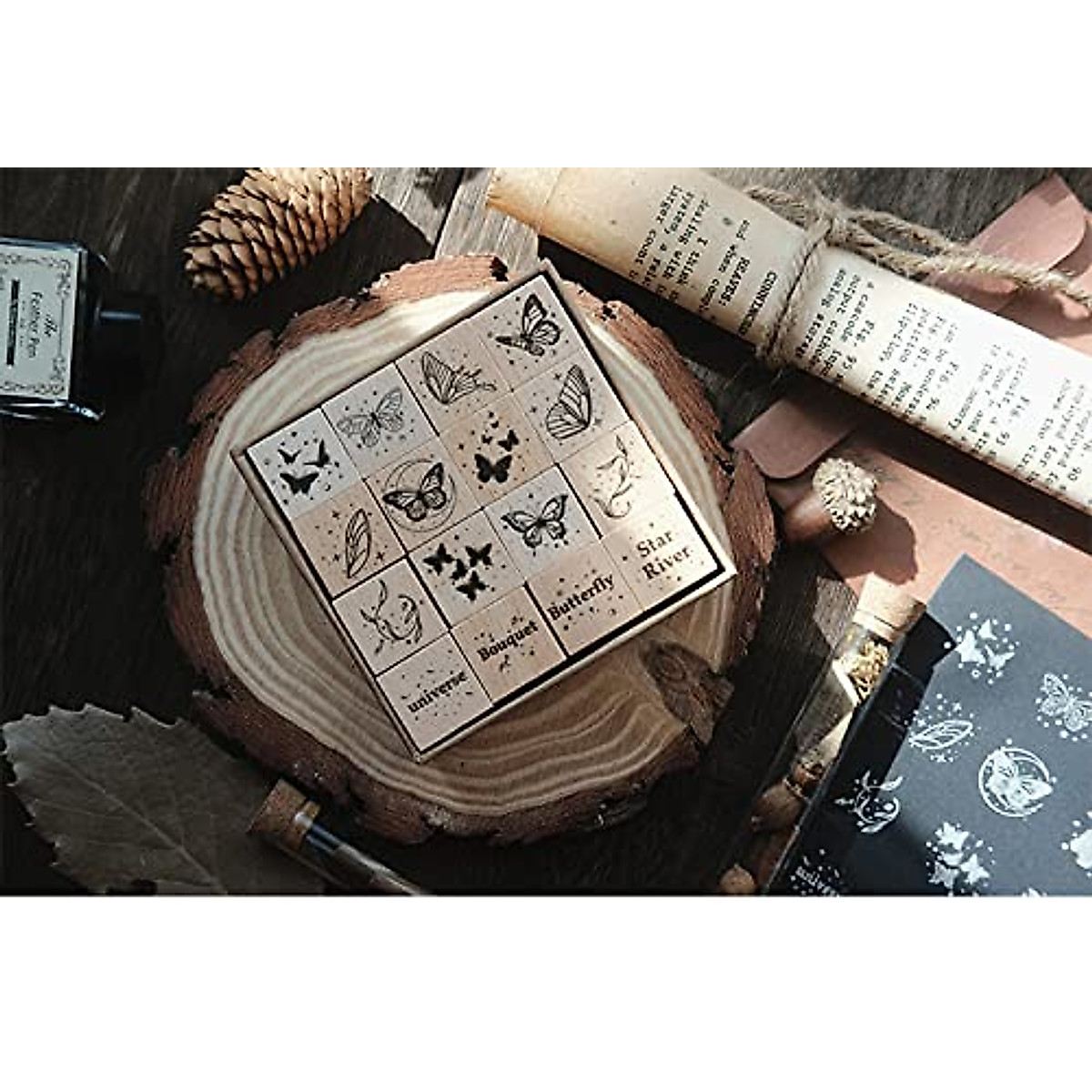 Cliocoo 16cs Wood Rubber Stamp Set, Moon&Star Decorative Wooden Stamp Set, Universe Planet Stamp for Art Craft, Journal, Diary, Scrapbook, Planner, Letter, Card Making M-26 (5-Butterfly)